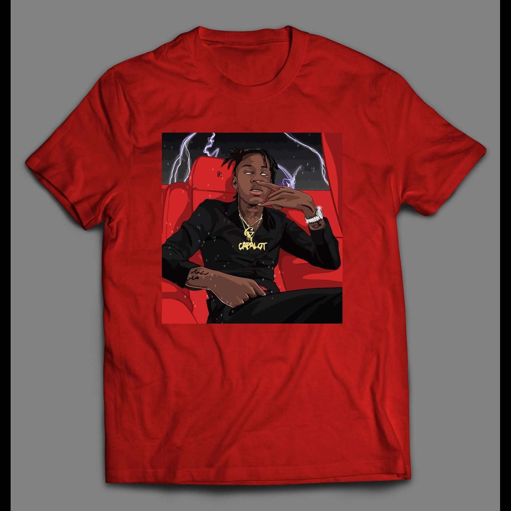 ROLLS ROYCE RIDING RAPPER LIL TJAY CAPALOT CHAIN WEARING CARTOON ART SHIRT
